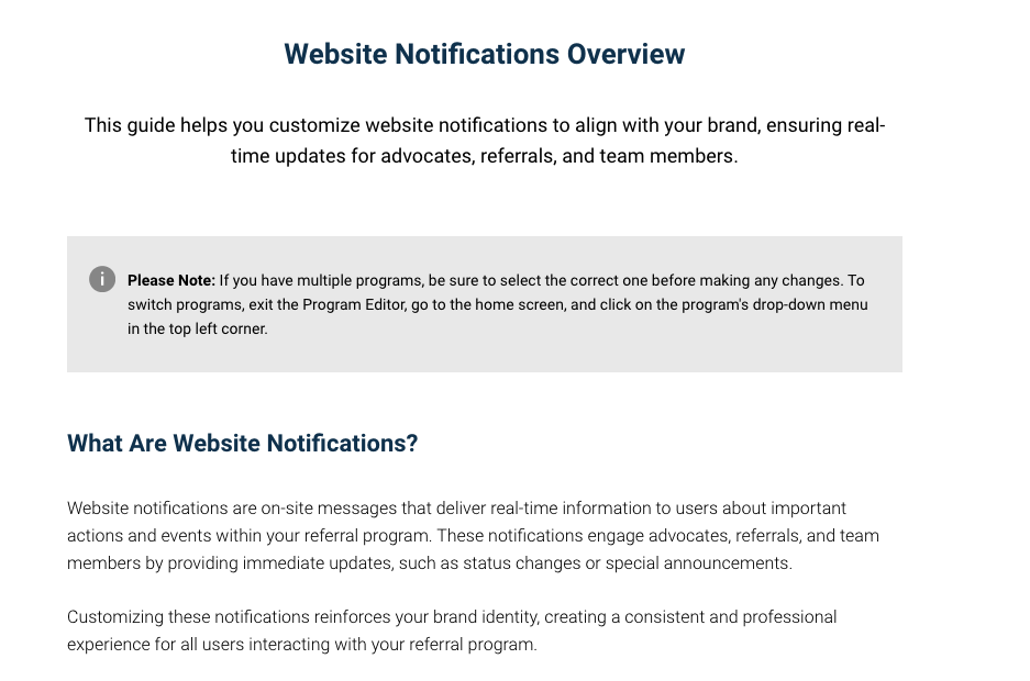Customize Website Notifications for Your Referral Program