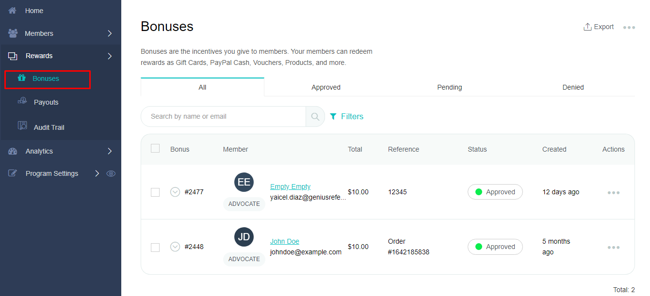 Bonus Management | Genius Referrals