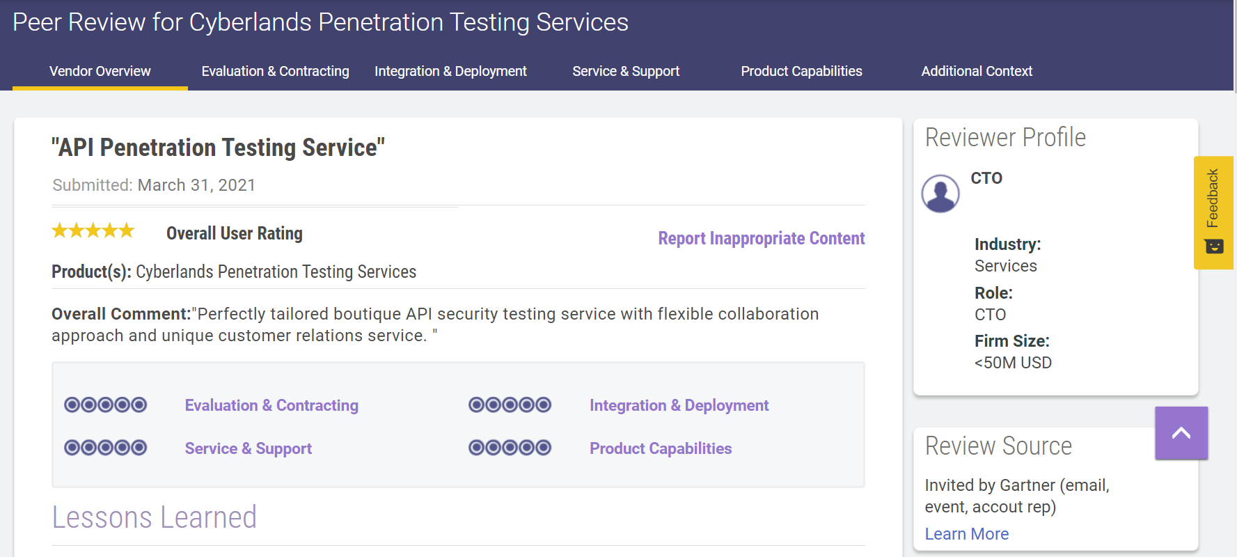 Cyberlands API Penetration Testing review - verified by gartner