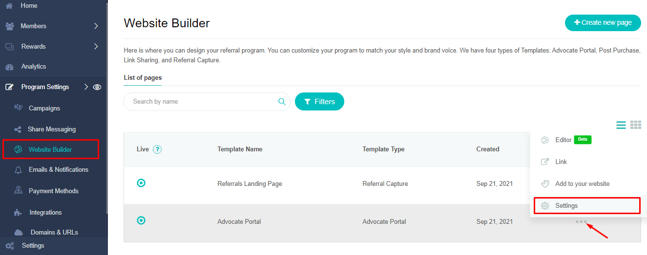 Page Settings | Genius Referrals