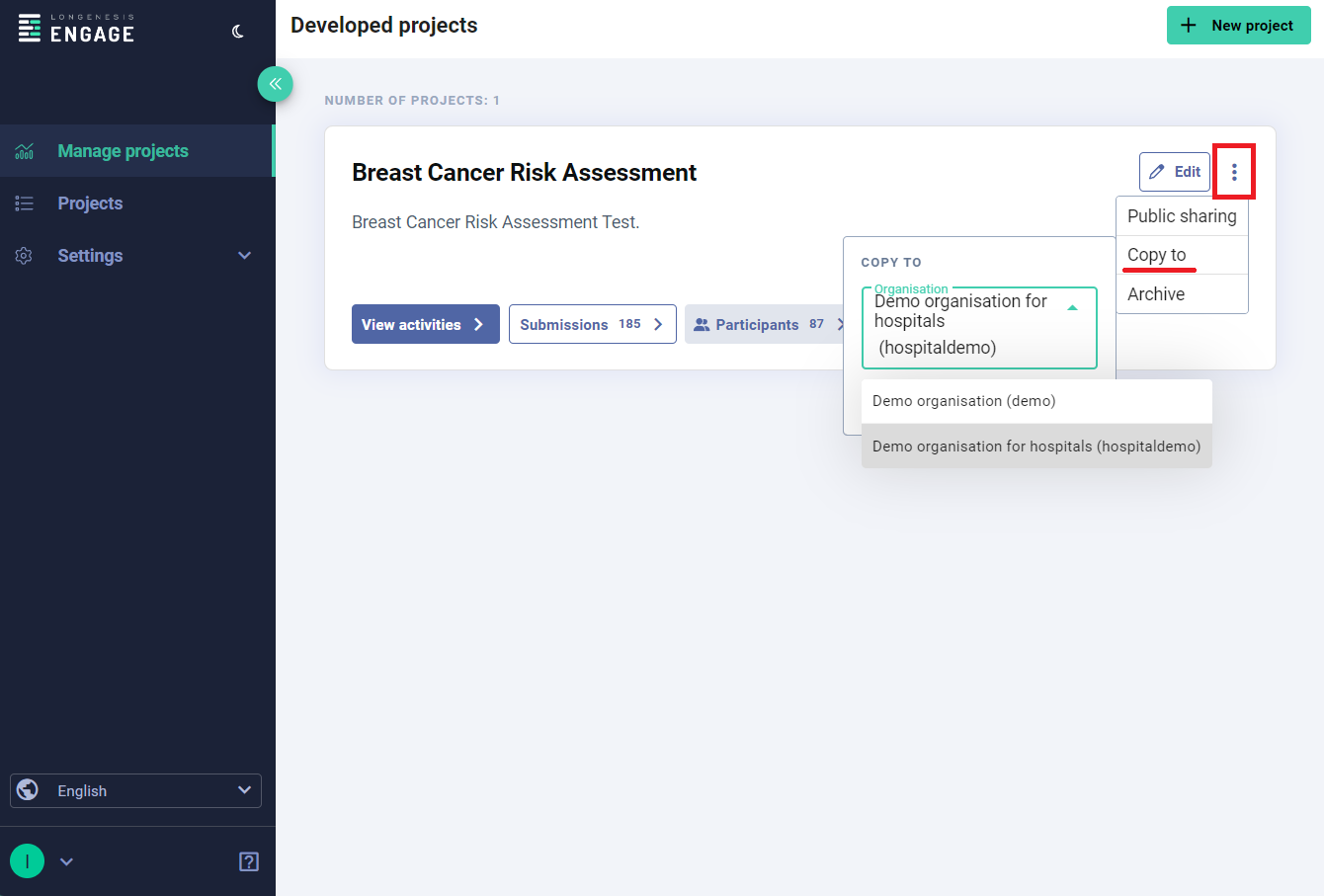Copy projects and activities