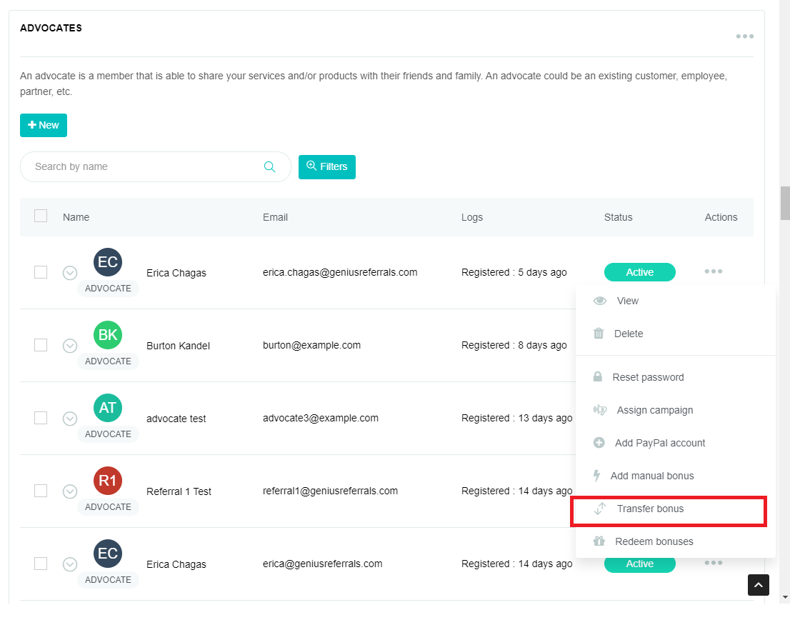 Transferring Bonuses Between your Advocates | Genius Referrals