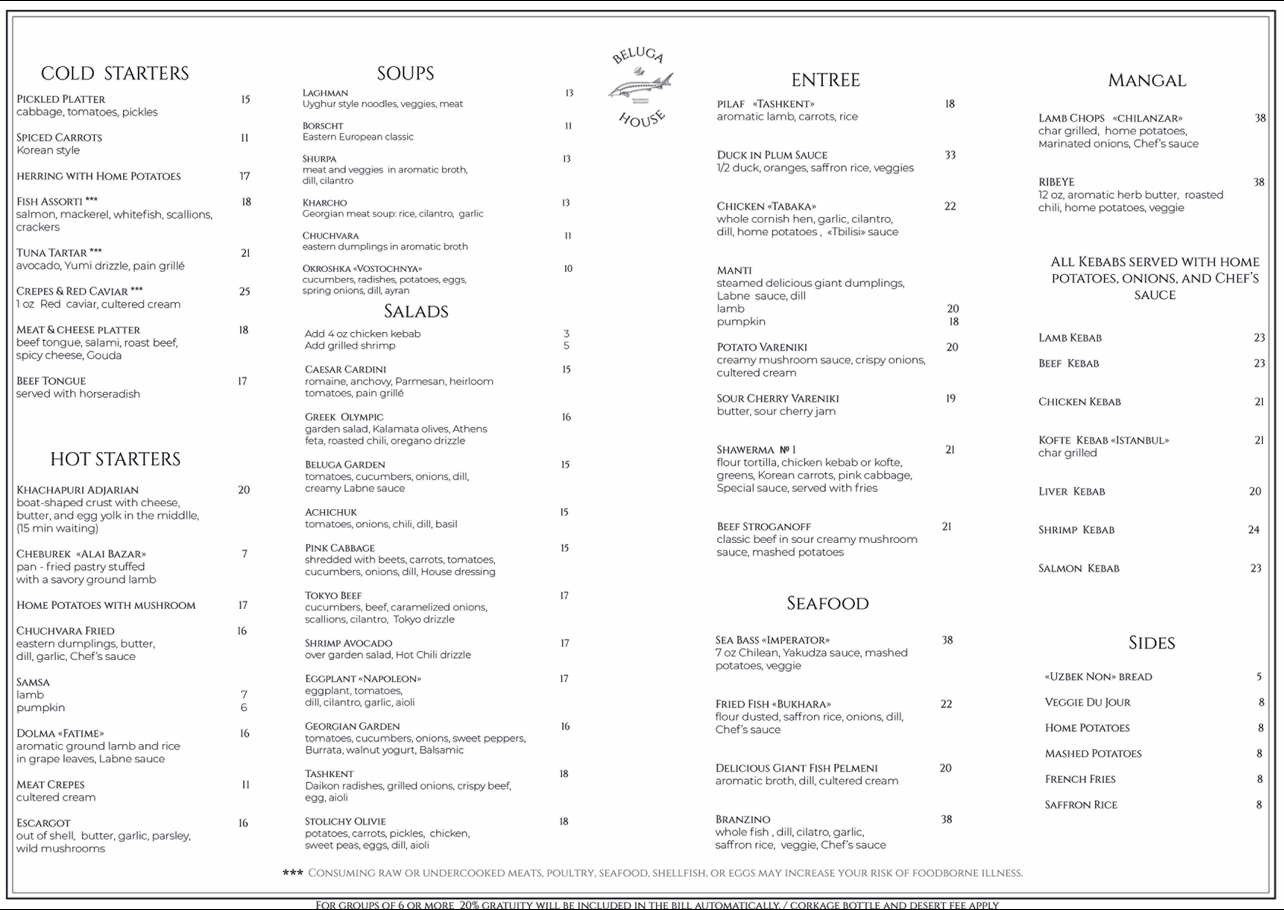 Eastern European & Uzbeki Cuisine in Boca Raton, FL | Beluga House Menu