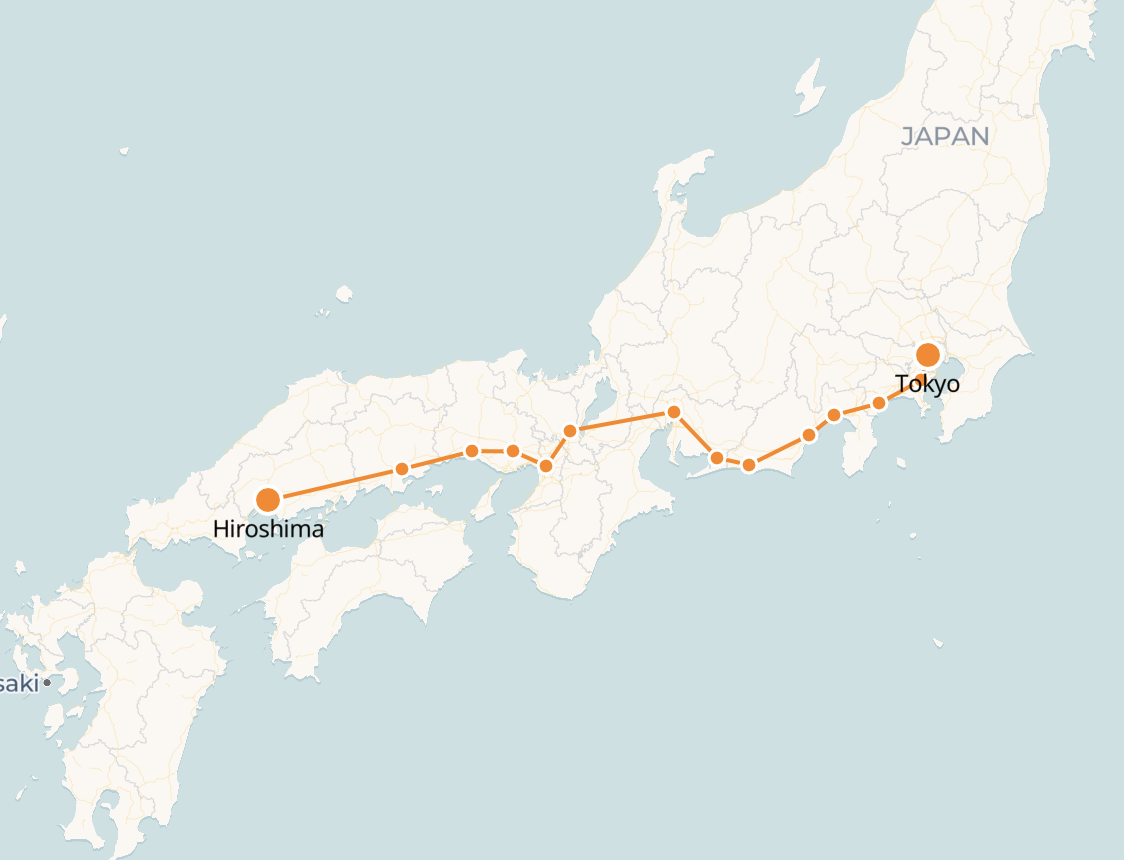 Tokyo to Hiroshima Train Map, Timetable & Tickets - ASIA TRAINS
