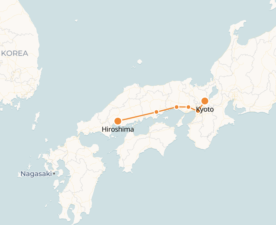 Kyoto to Hiroshima Train Map, Timetable & Tickets - ASIA TRAINS