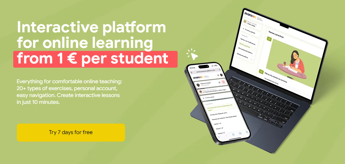 Interactive platform for online learning from 1 € per student