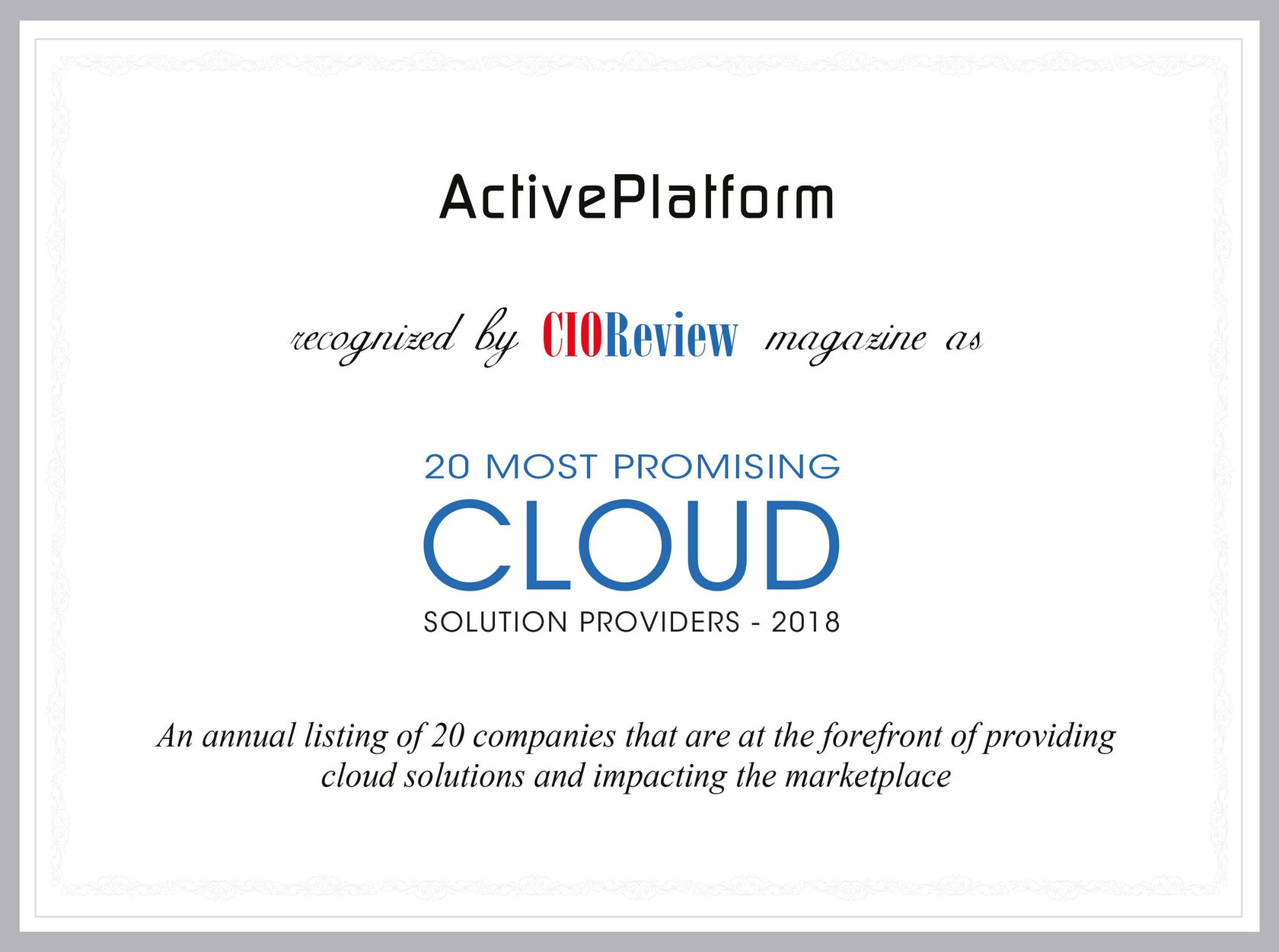 ActivePlatform recognized as a one of the 20 Most Promising Cloud ...